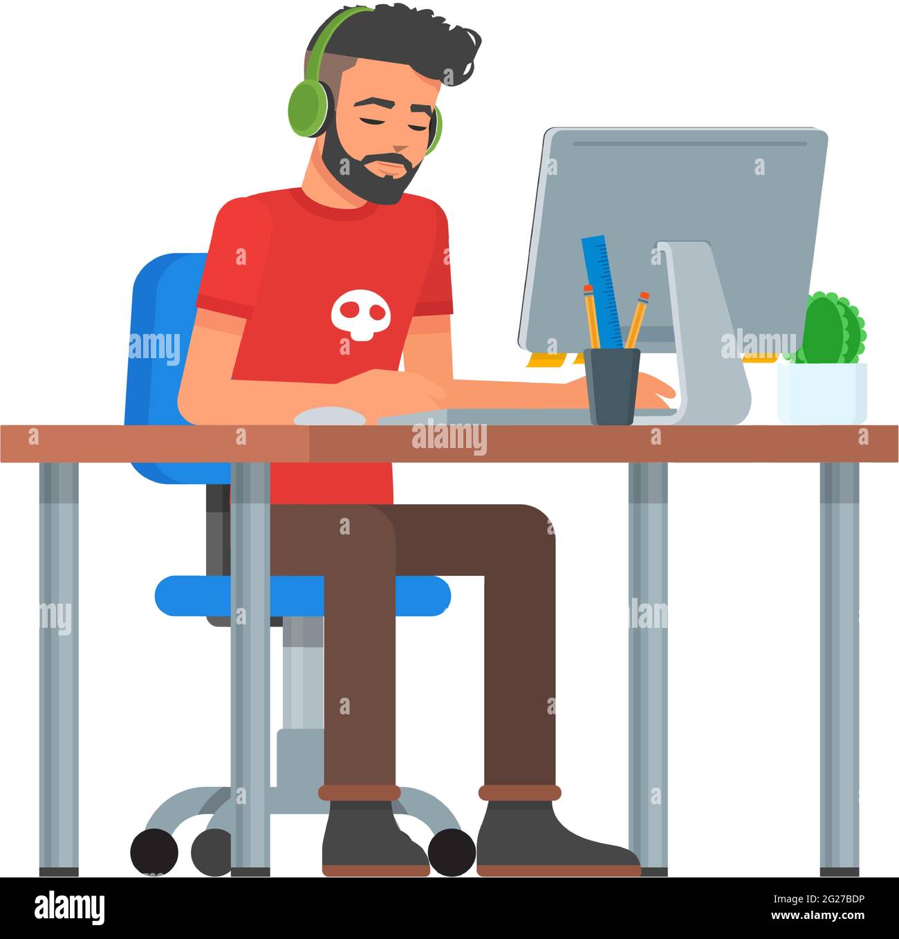 Computer office work desk vector character isolated on white Stock ...