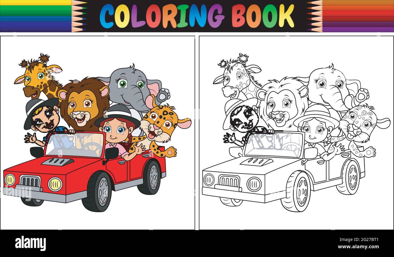 Coloring book with funny kids and animal cartoon on red car Stock ...
