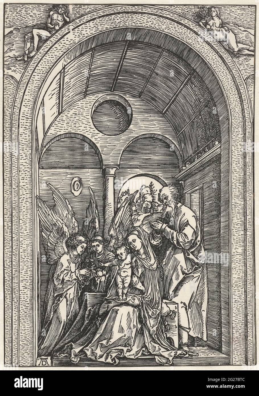 The holy family with two angels. Maria is sitting on a couch in a ...