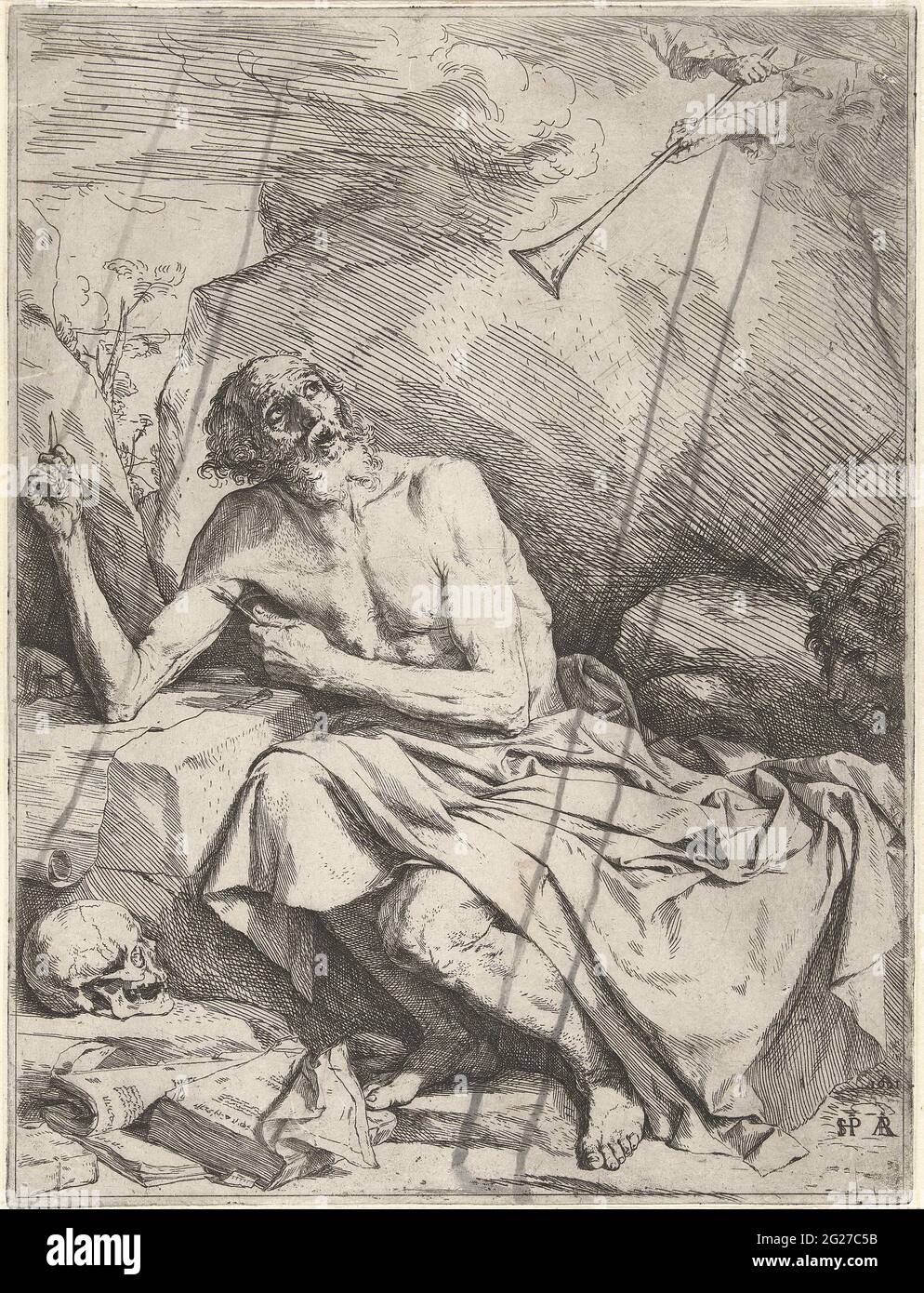 Saint Hieronymus and the trumpet. Saint Hieronymus sitting in the ...