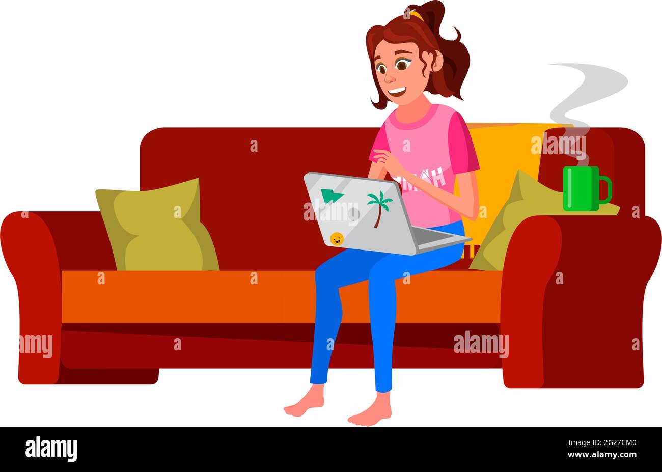 young woman freelancer working at home cartoon vector Stock Vector ...