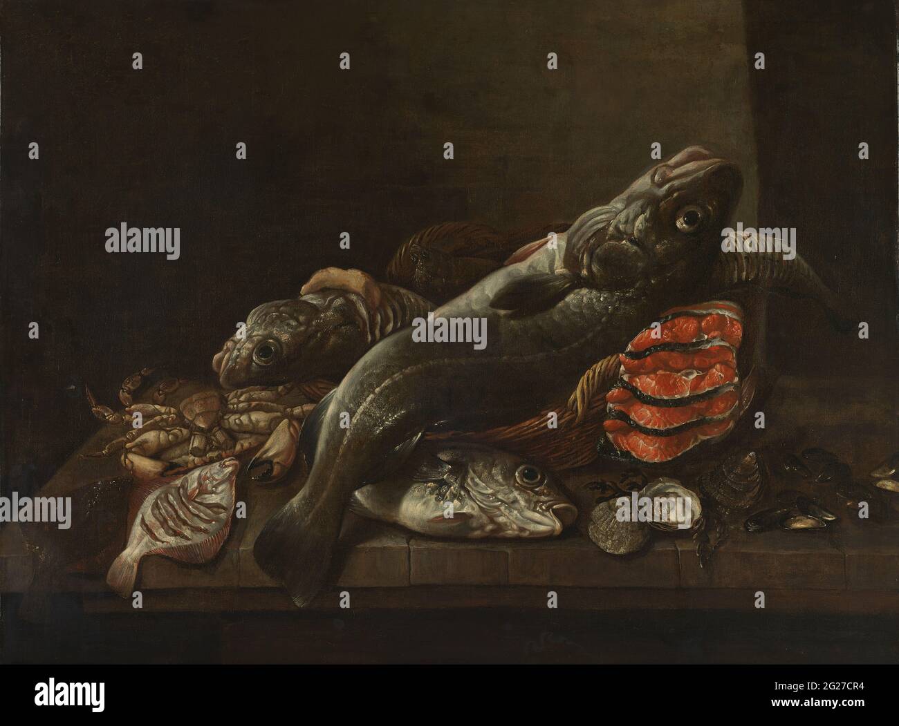 Still Life With Fish. Still life with fish. On a stone plinth are ...