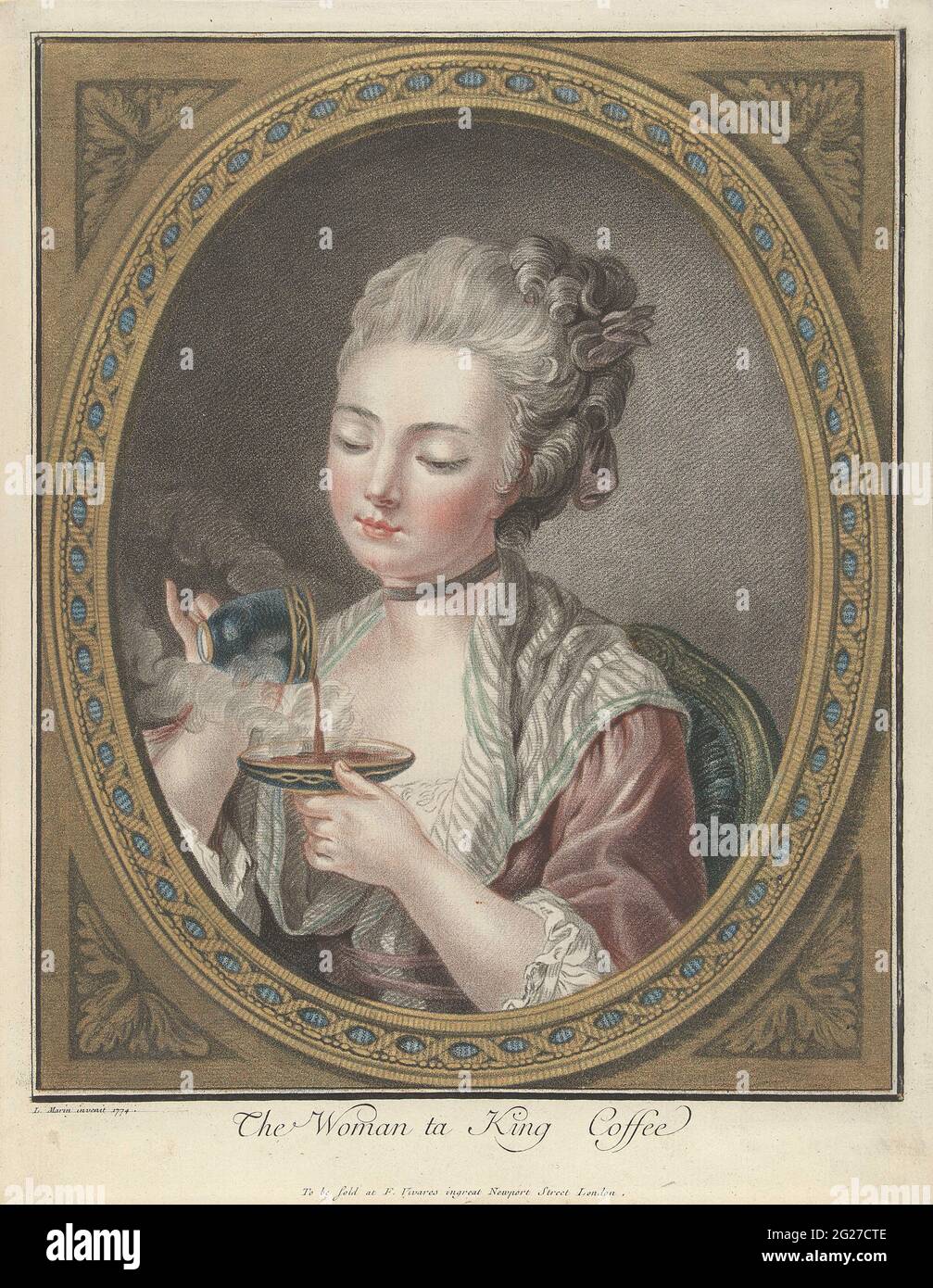 Bust of a young woman drinking coffee; The Woman Ta King Coffee. A ...