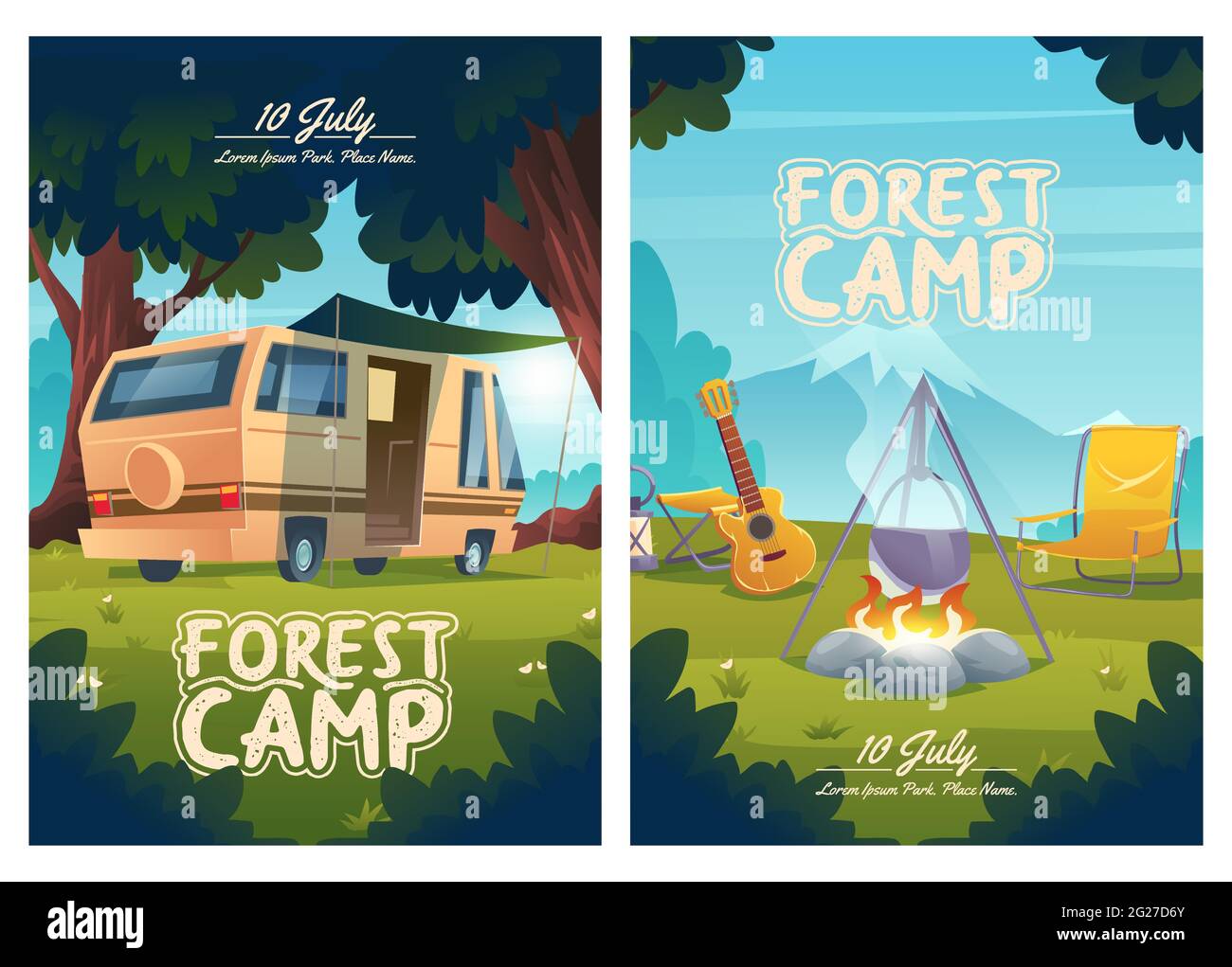 Forest camp cartoon flyers, invitation to summer camping. Rv caravan ...