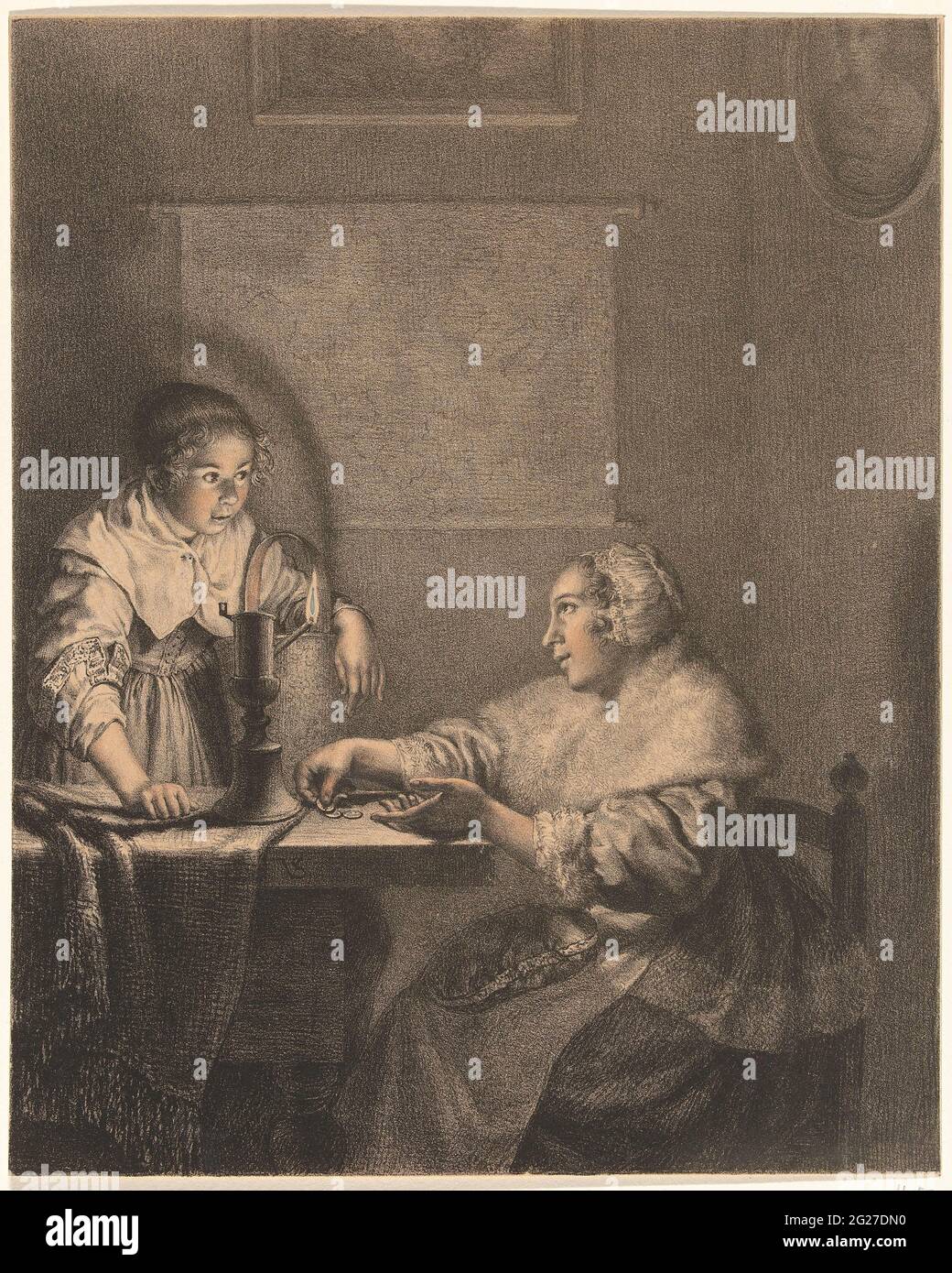 Interior with lady and maid in candlelight. Interior with a lady and ...