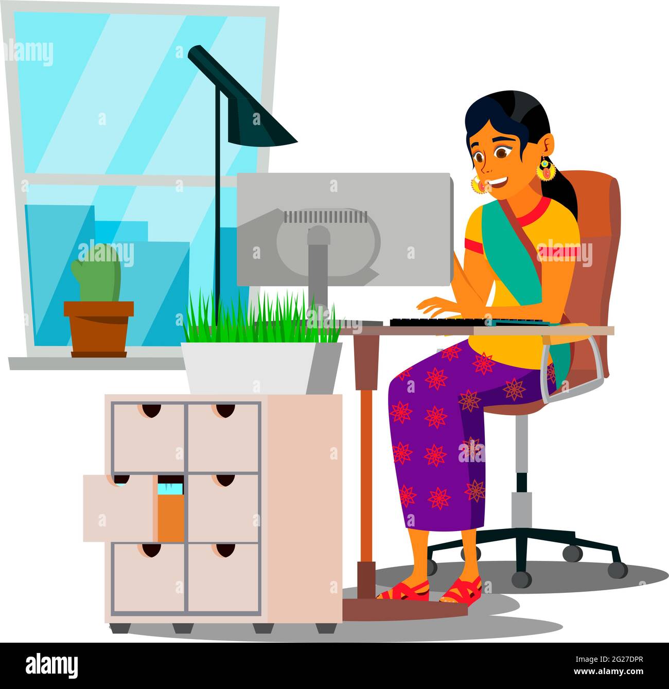 cheerful indian woman communicate with partners through computer ...