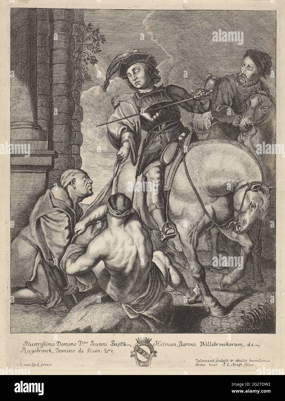 Saint Martinus shares his cloak with a beggar. From his horse, Saint ...
