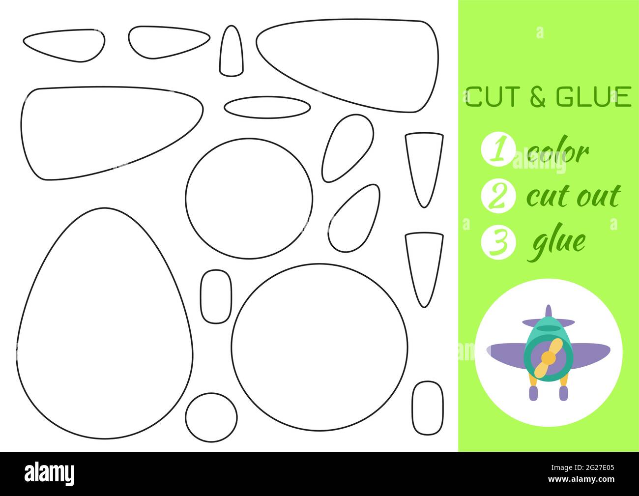 Color, cut and glue paper green airplane. Cut and paste craft activity ...