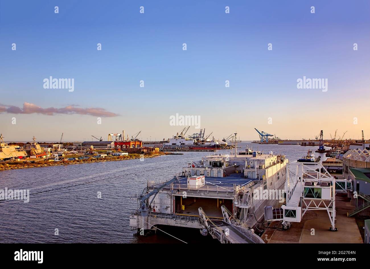 The USNS Brunswick is docked at the Alabama Cruise Terminal near the ...