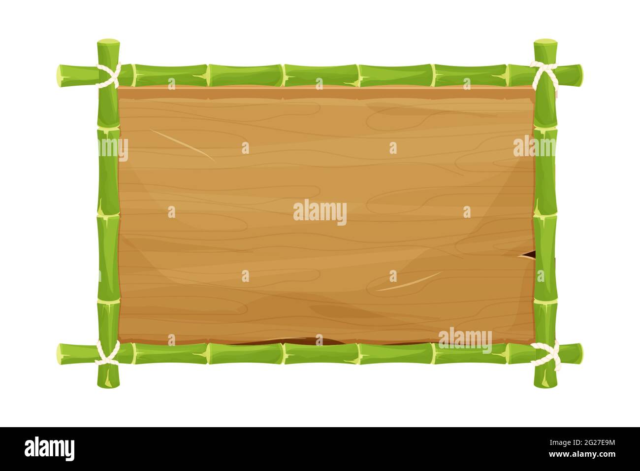 Green bamboo frame with empty wooden plank, signboard in cartoon style ...