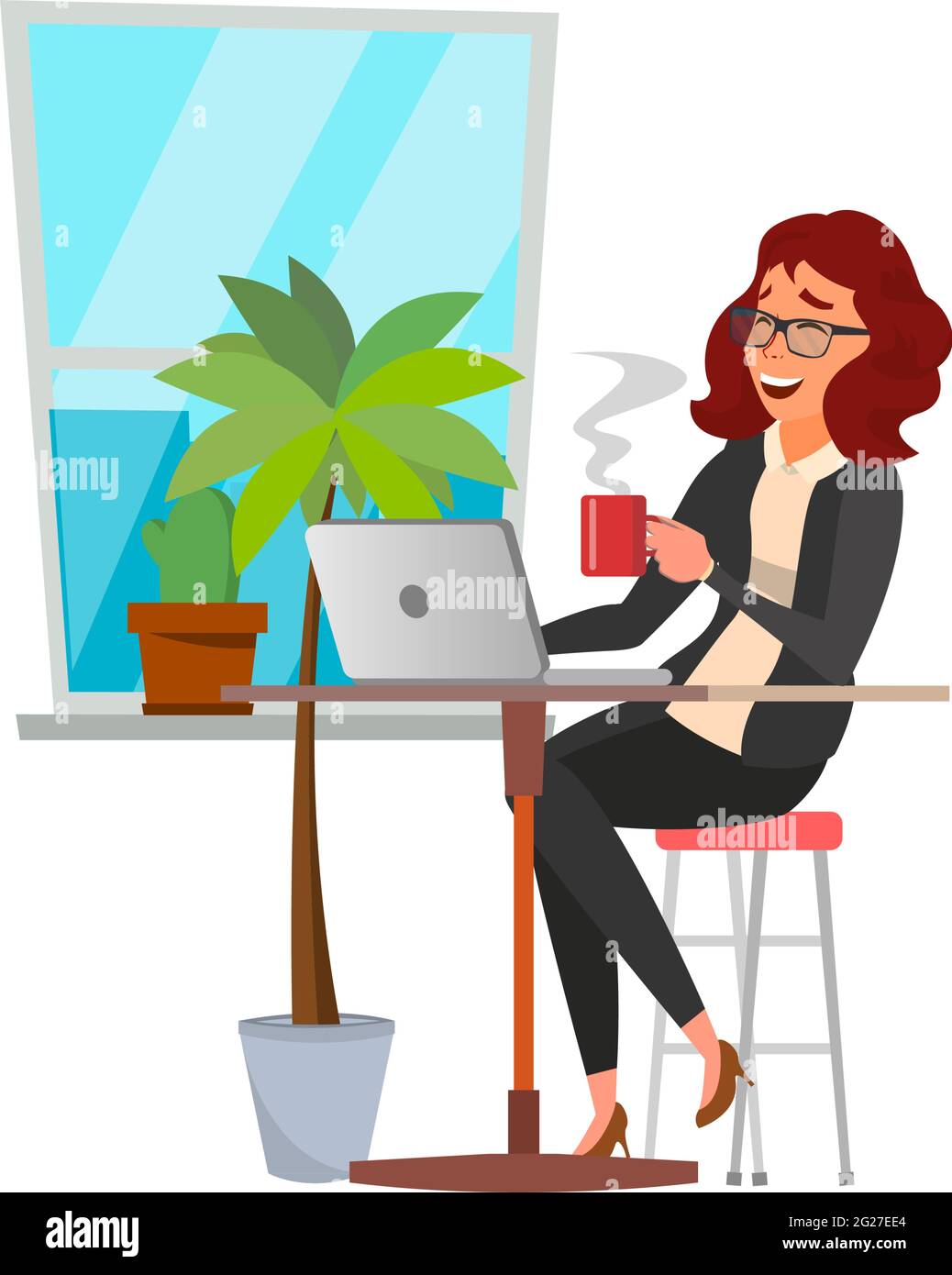 happiness woman drinking coffee working with laptop at desk cartoon ...