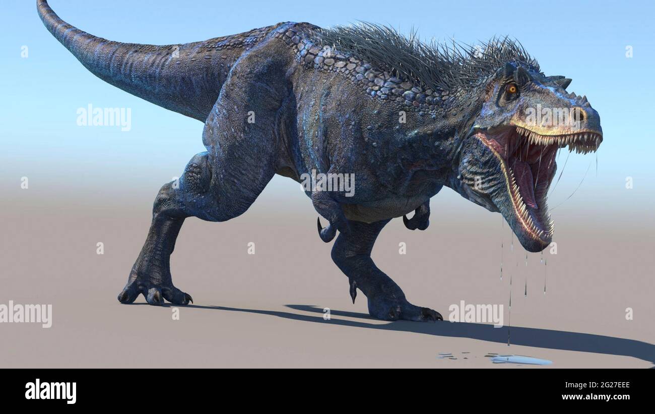 An angry Qianzhousaurus dinosaur, with saliva dripping from mouth Stock ...