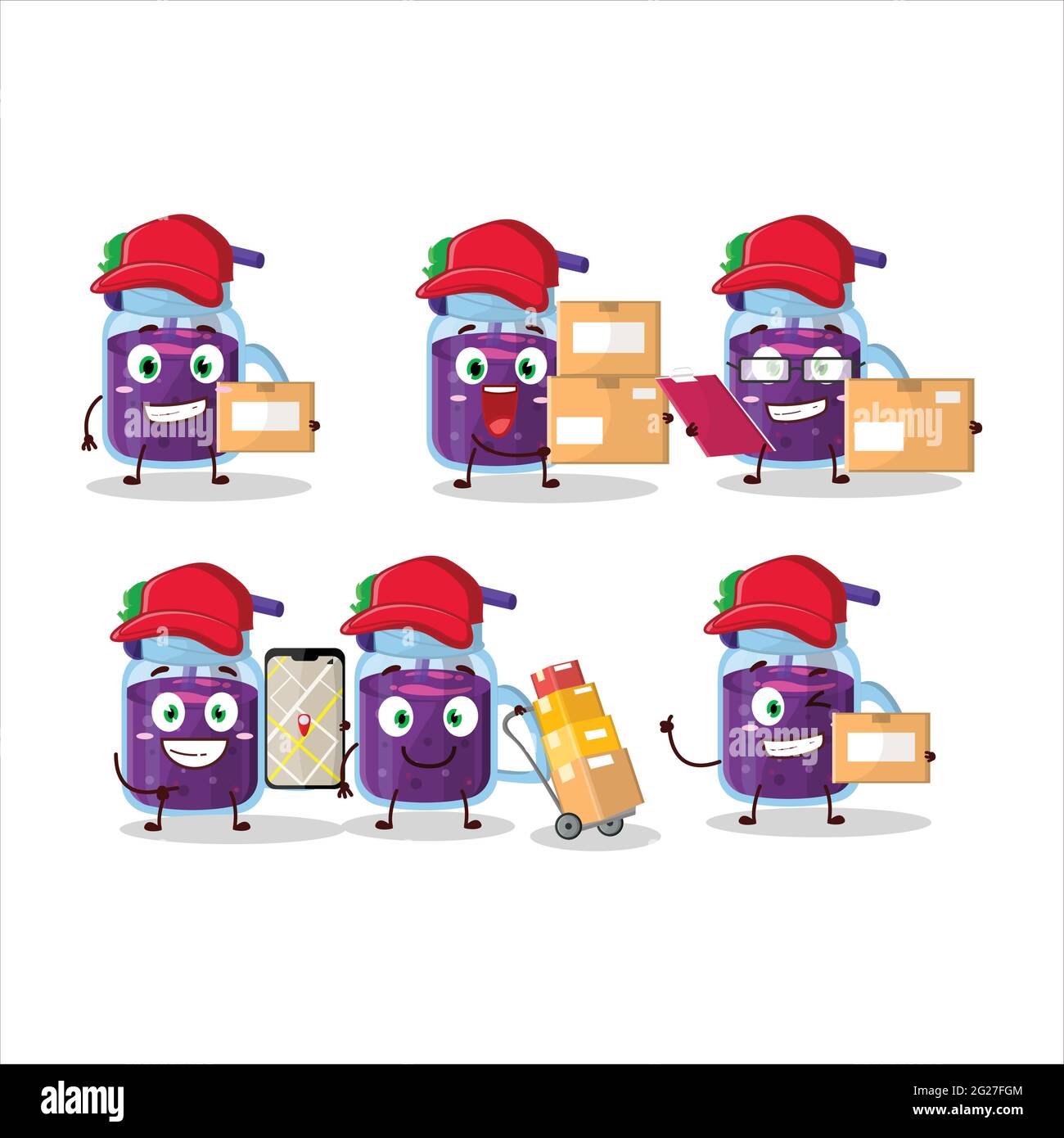 Cartoon character design of grapes smoothie working as a courier ...