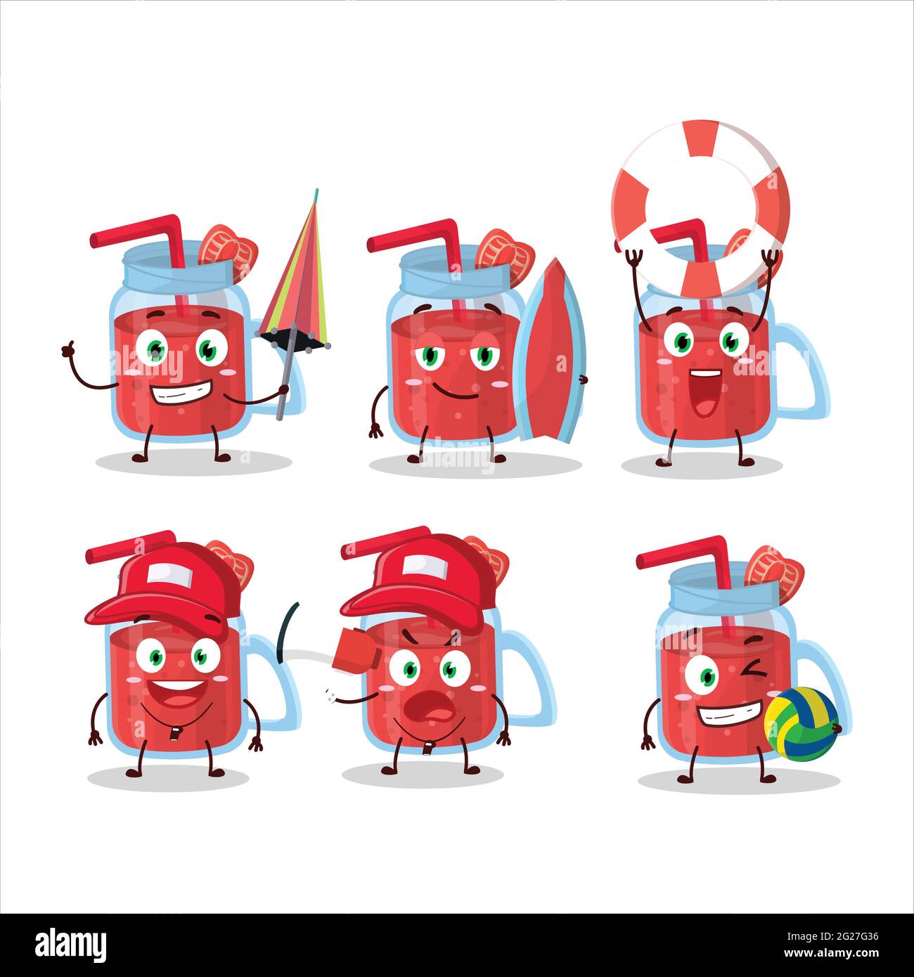 Happy Face strawberry smoothie cartoon character playing on a beach ...