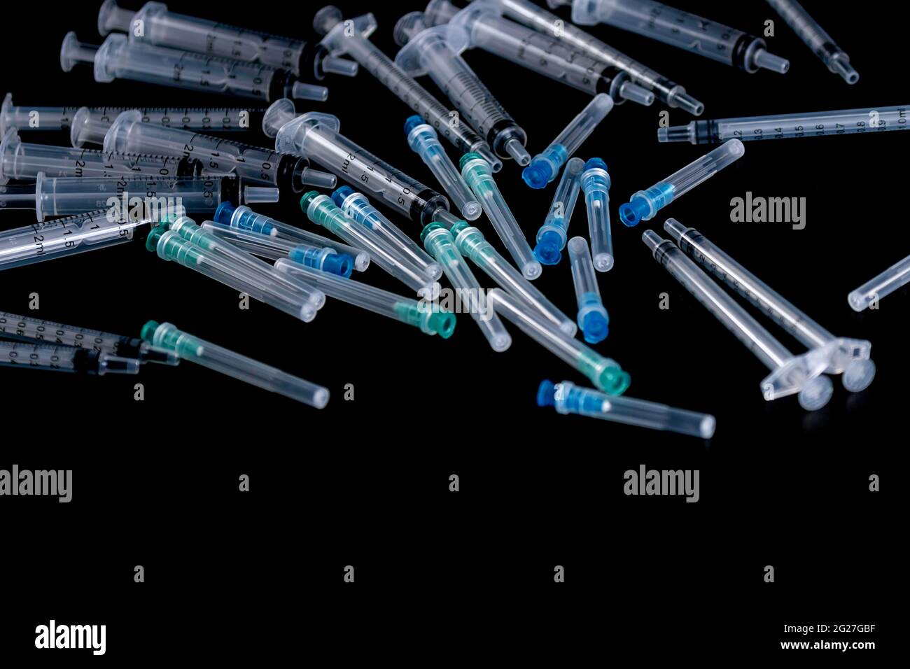 Medical Sterile Syringes Needles, Close up Syringes on Black Background ...