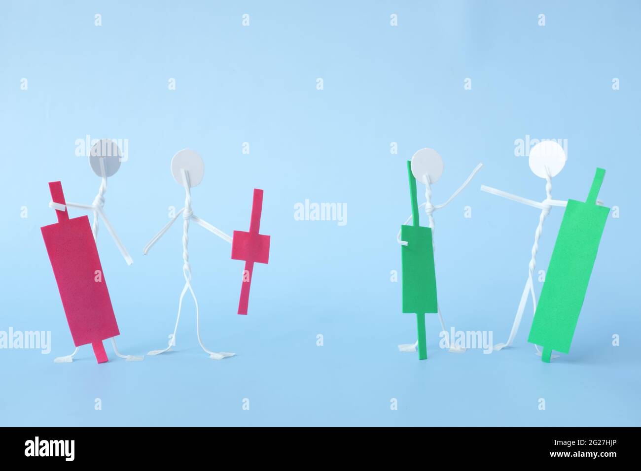 Bull bear market concept. Human stick figures holding red and green ...