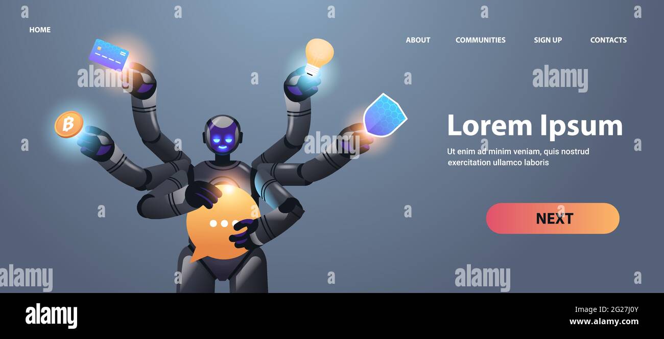 modern robot with many hands multitasking robotic character artificial ...