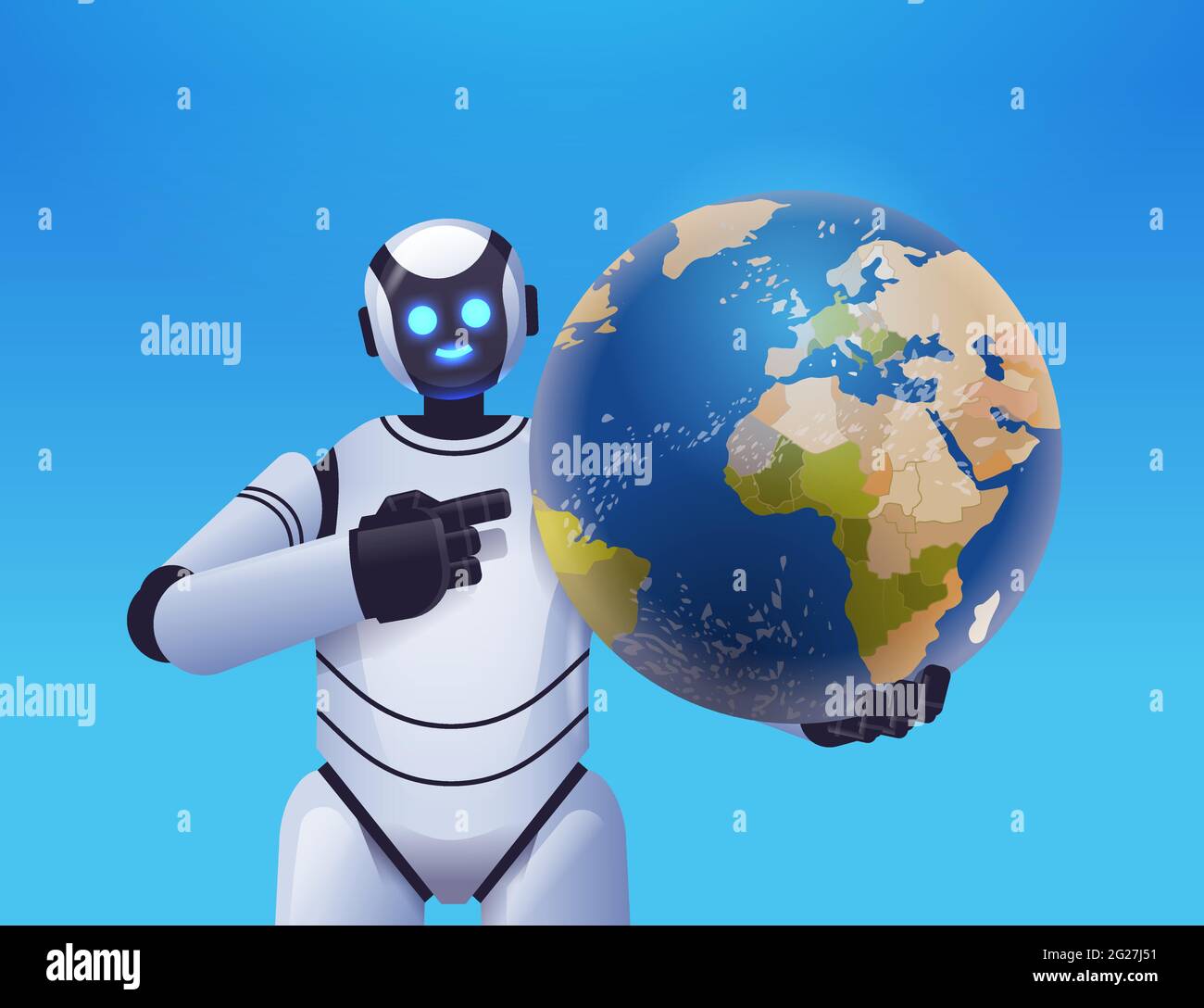 robot cyborg holding planet earth globe modern robotic character ...