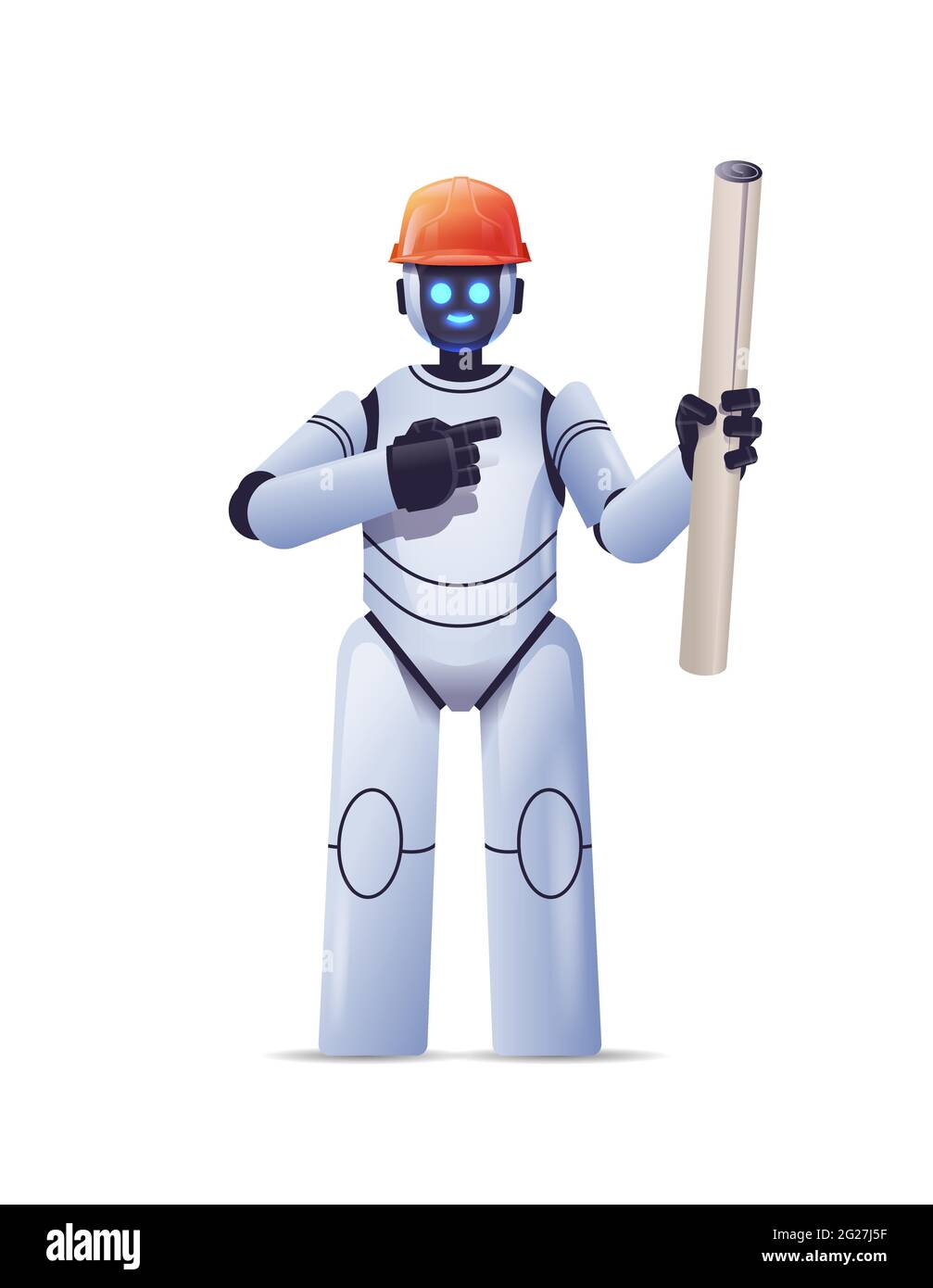 robot foreman engineer in hardhat holding construction drawings modern ...
