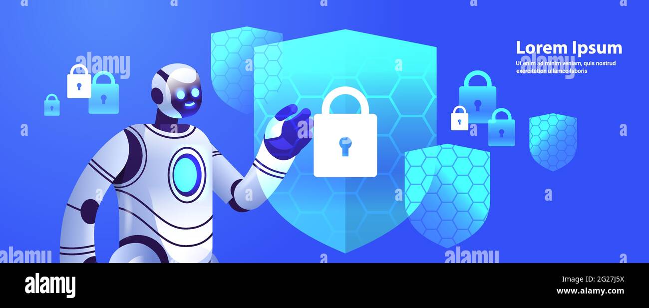 modern robot cyborg with protection shield cyber security data ...