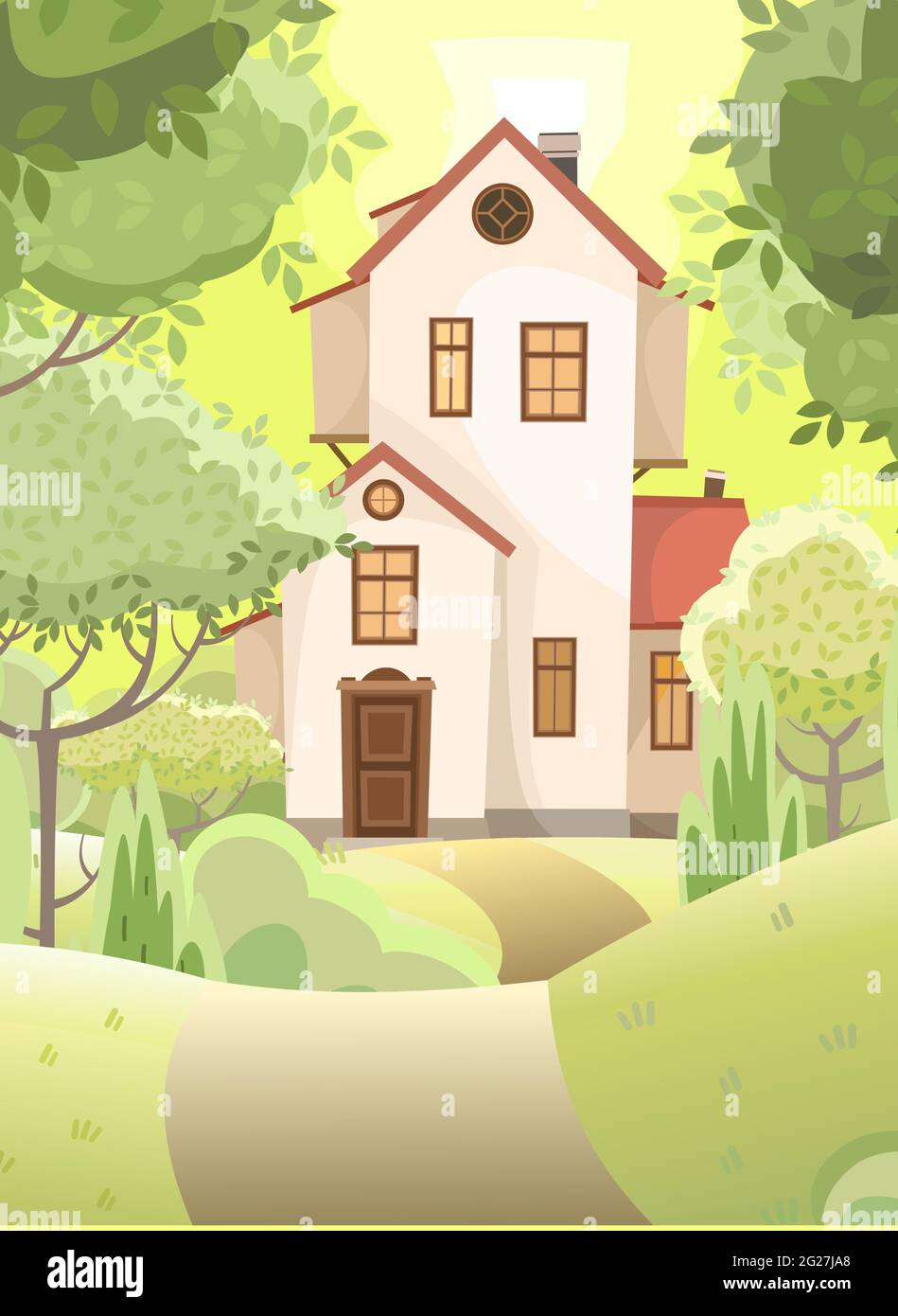 Cartoon house in the woods among the trees. Hills. A beautiful, cozy ...