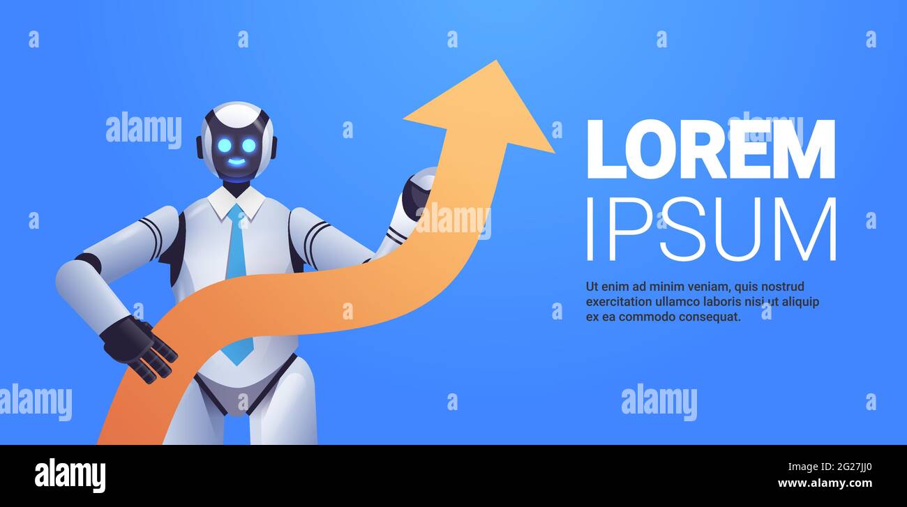 modern robot holding upward arrow business growth achievement success ...