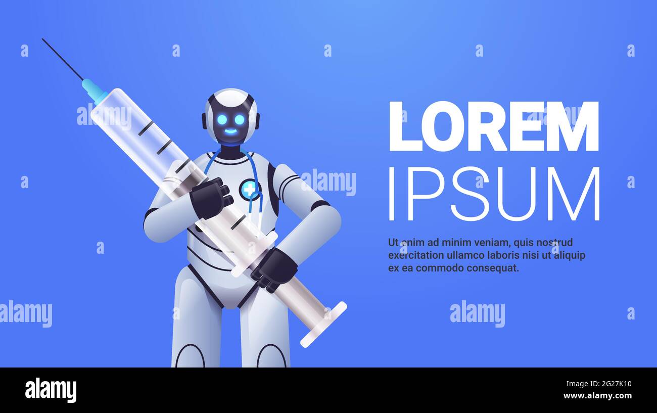 modern robot doctor holding syringe vaccination medicine healthcare ...