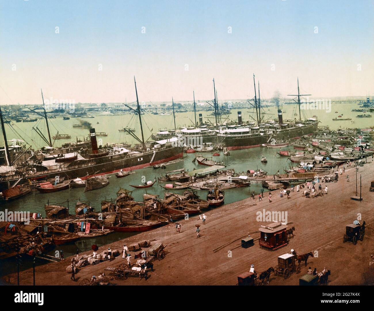 A panoramic view of the steamers dotting Calcutta Harbour in India ...