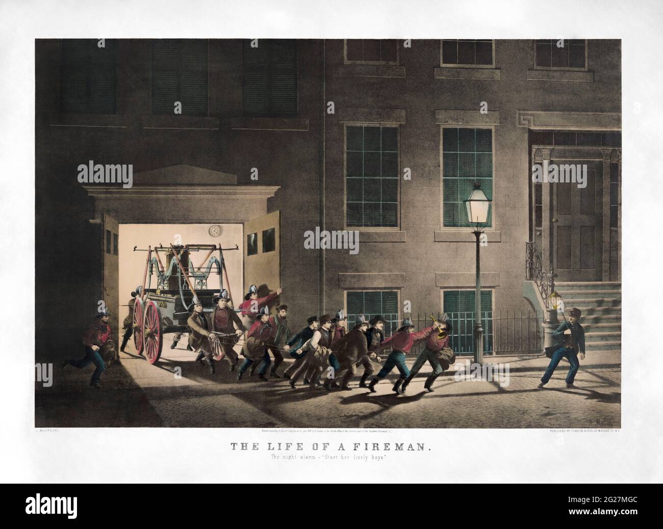 The Life Of A Fireman. 19th century print of firemen pulling a fire ...