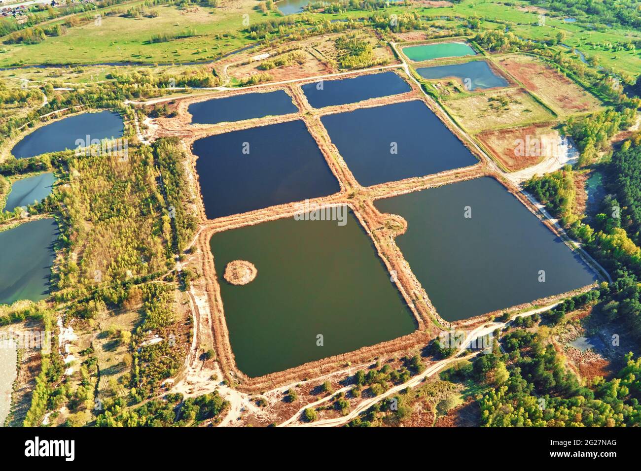 Aerial view of ponds for collect stormwater. Rainwater retention basins ...