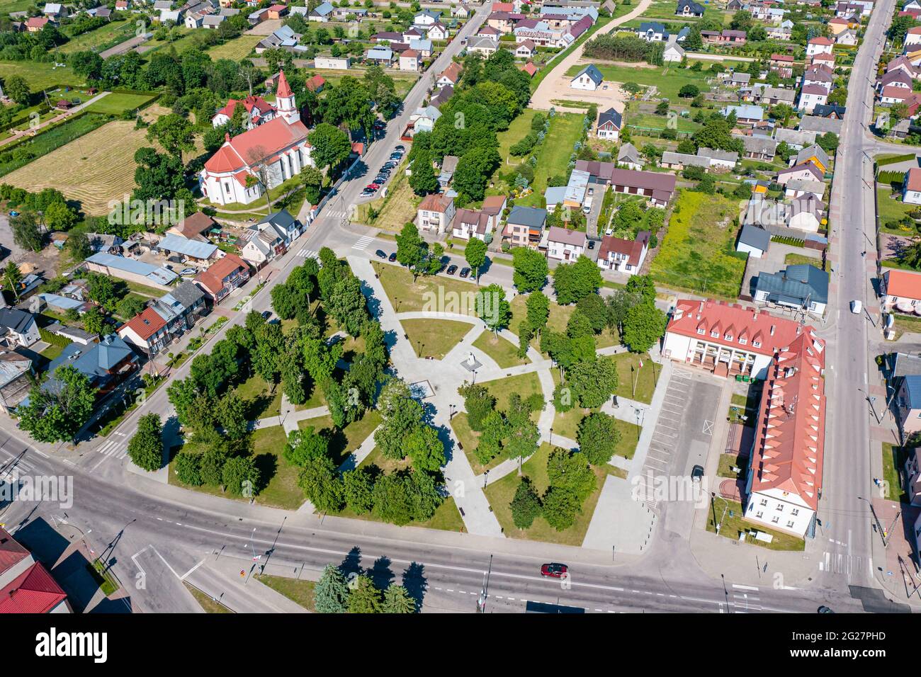 Aerial view of Knyszyn city center, town square, city hall and church ...