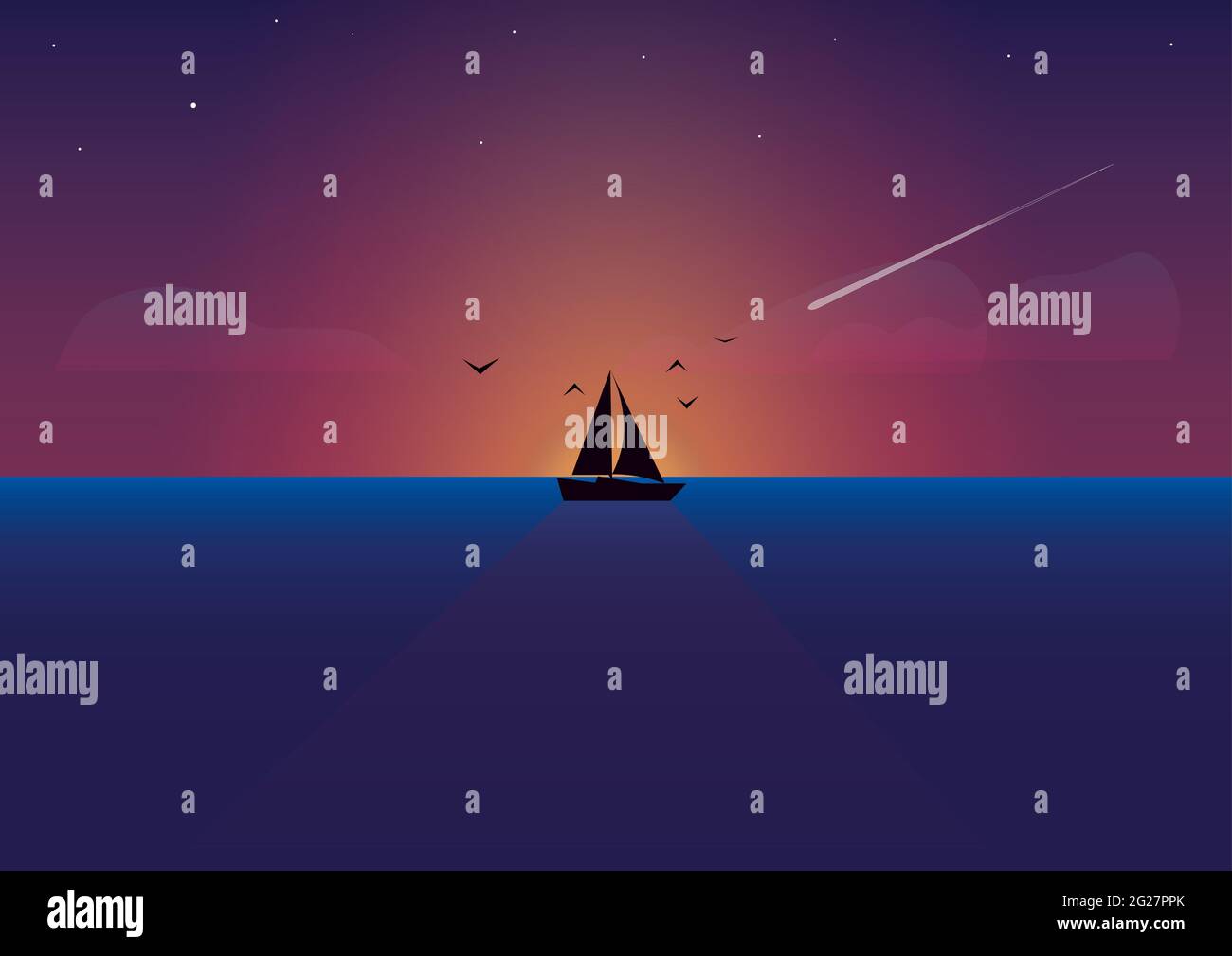 Vector boat in the sea. Nature illustration. Boat, sea, sunset Stock ...