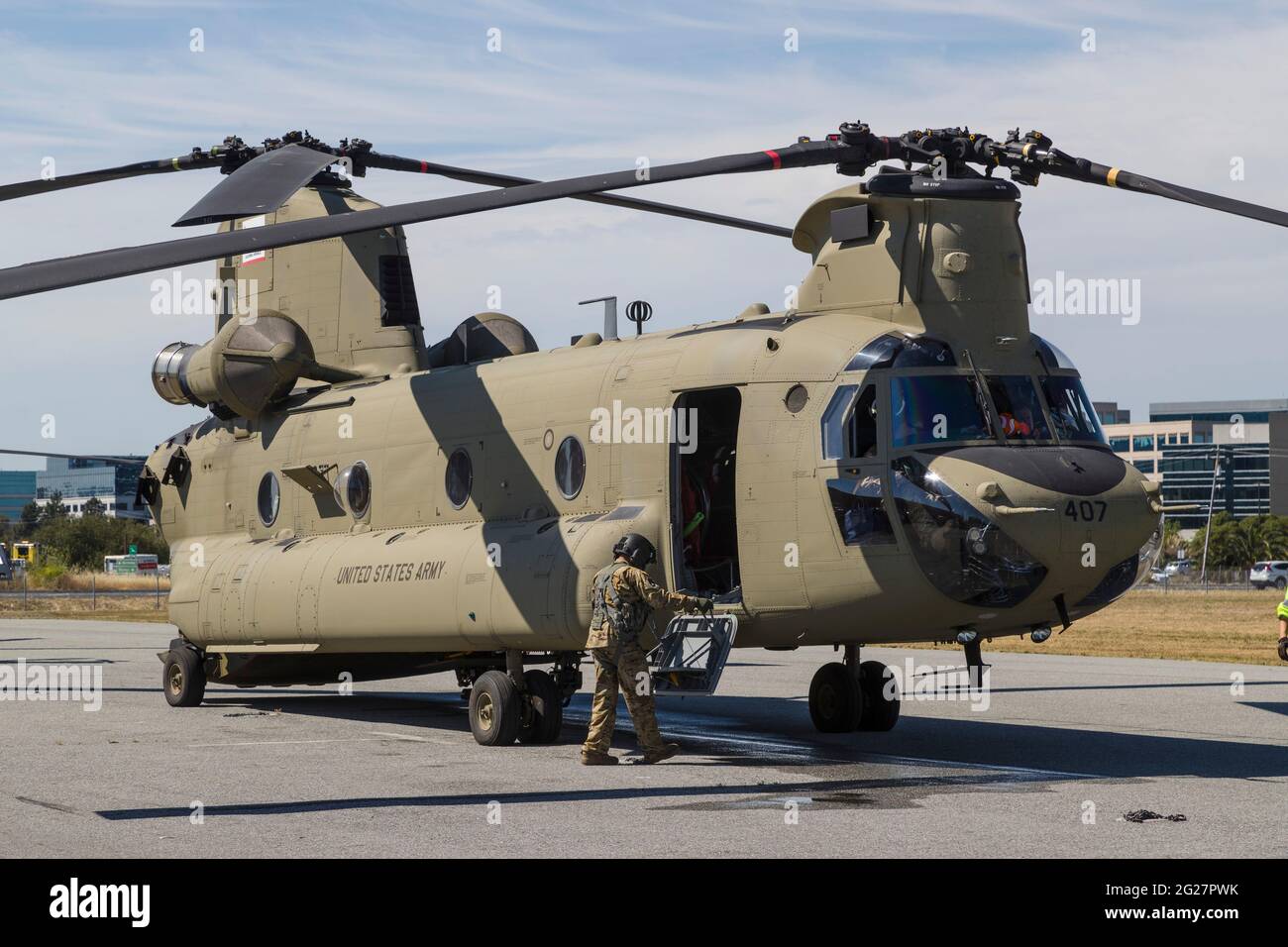 A U.S. Army CH-47F Chinook gets ready to start up at San Carlos ...