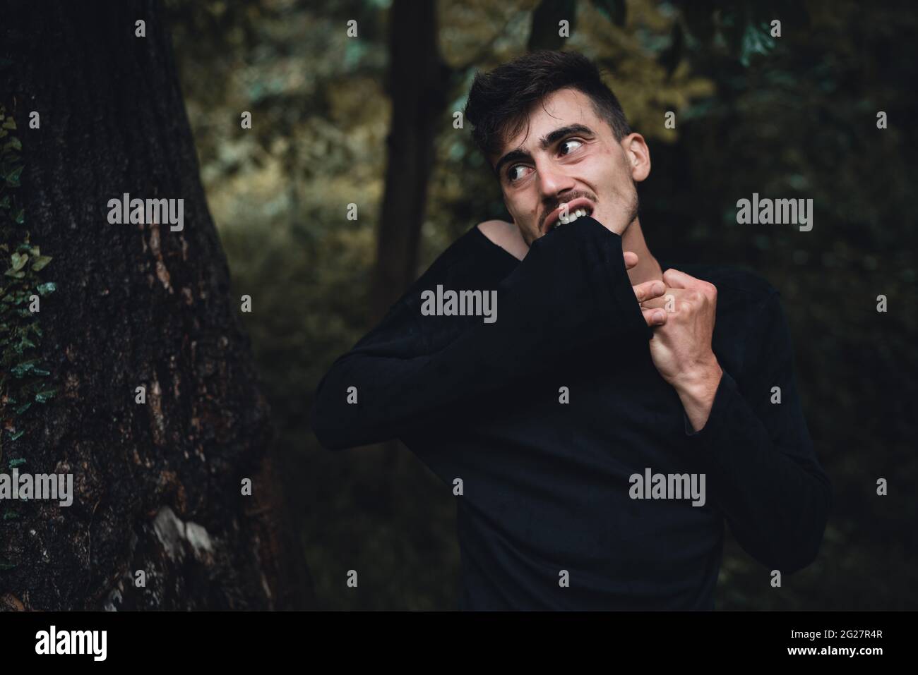 A mad forester man by the trees in the forest Stock Photo - Alamy