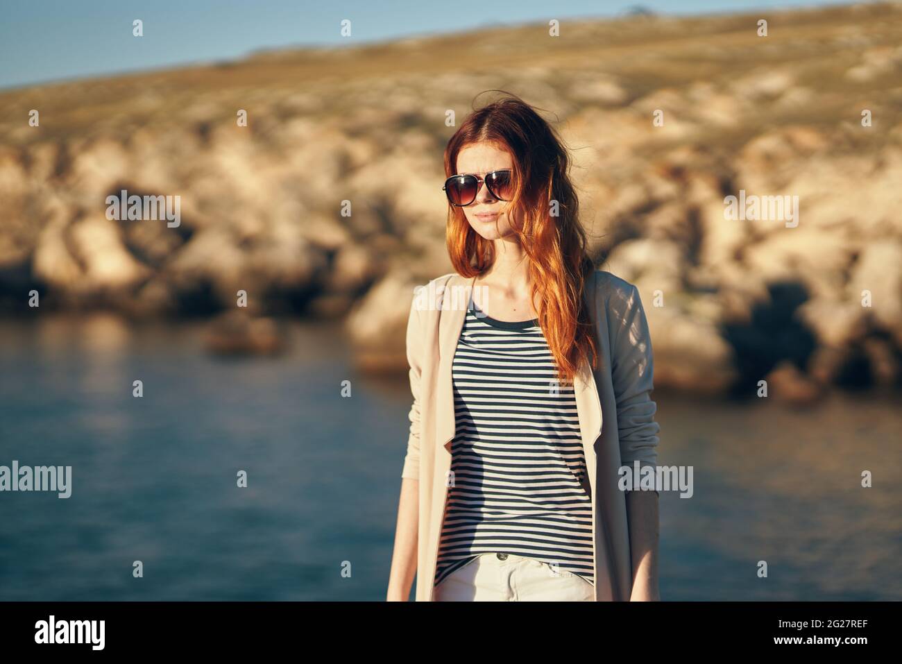 travel tourism woman relax vacation mountains landscape sea Stock Photo ...