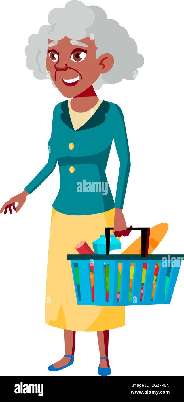mature age woman holding basket with food products in supermarket ...