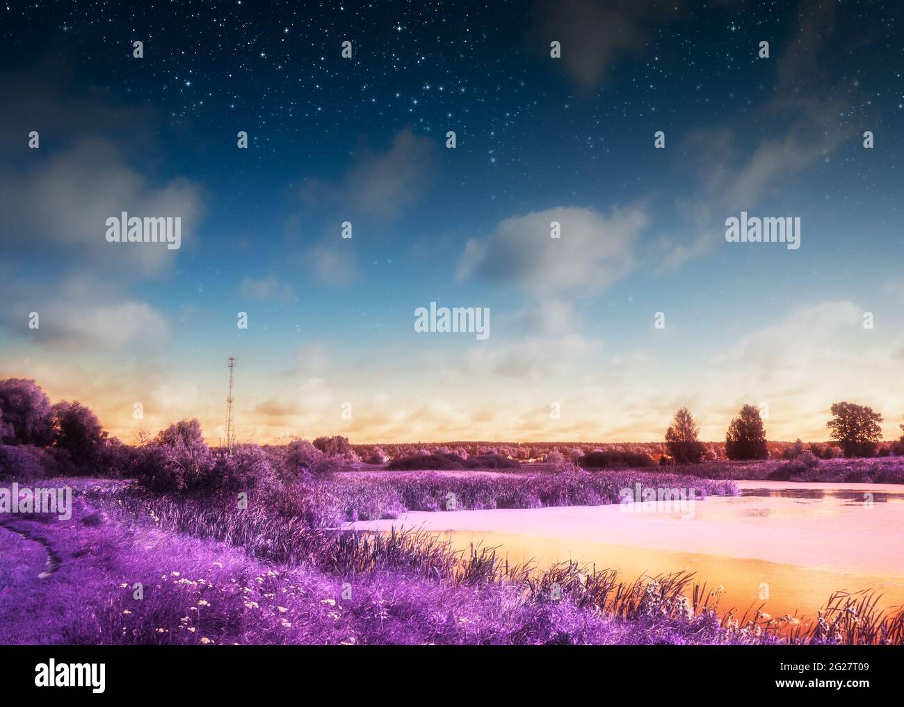 Fantasy sunset on the river, peaceful rural landscape. Photo ...