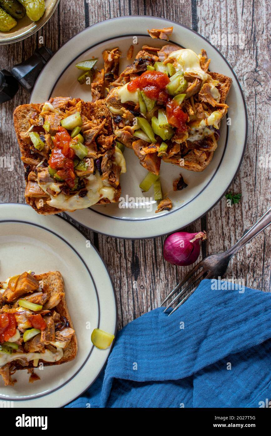 grilled toast with meat, cheese, pickles, glazed onions and barbecue ...