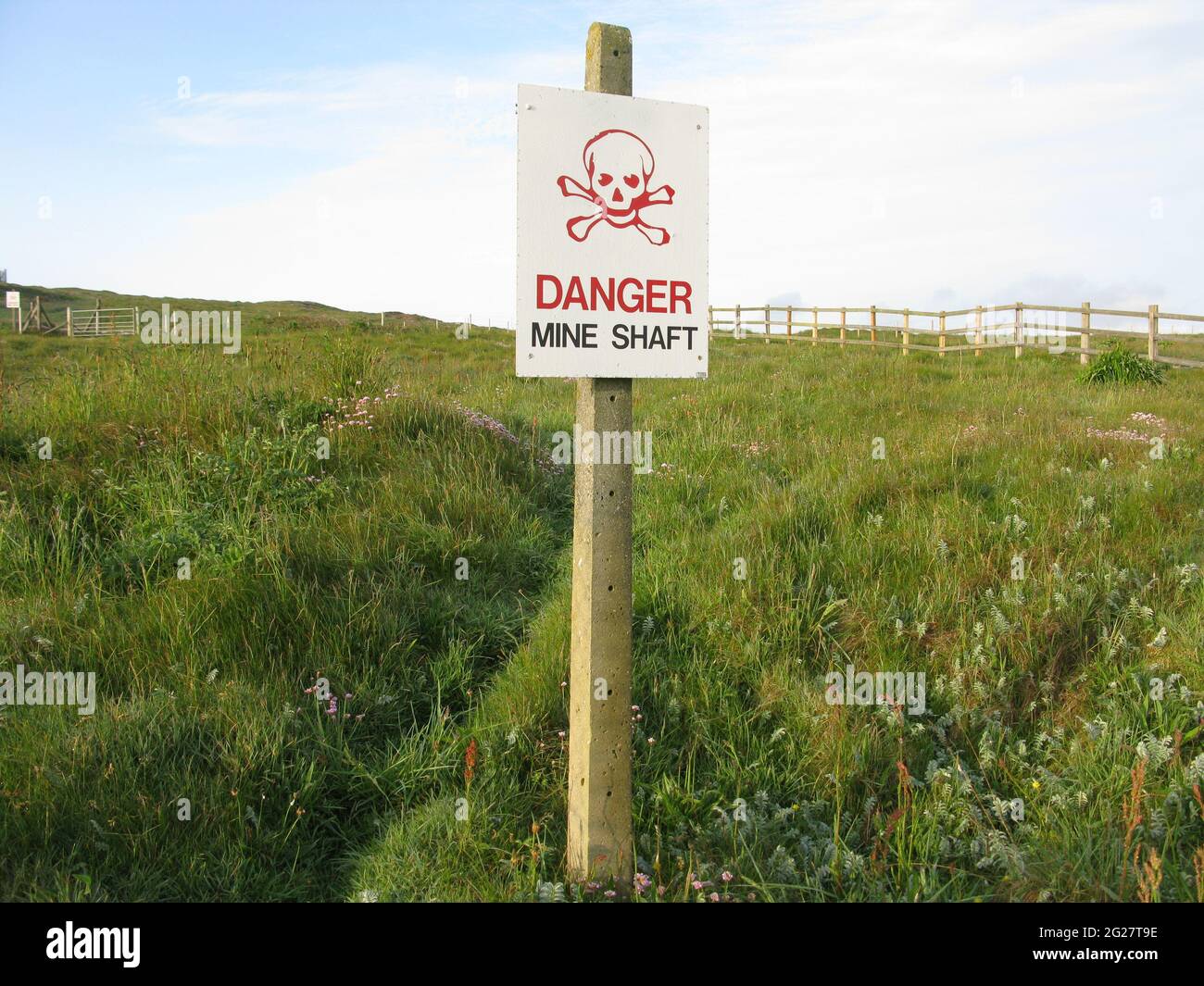 Danger mine shaft sign. Perran Sands Beach. South west coast path ...