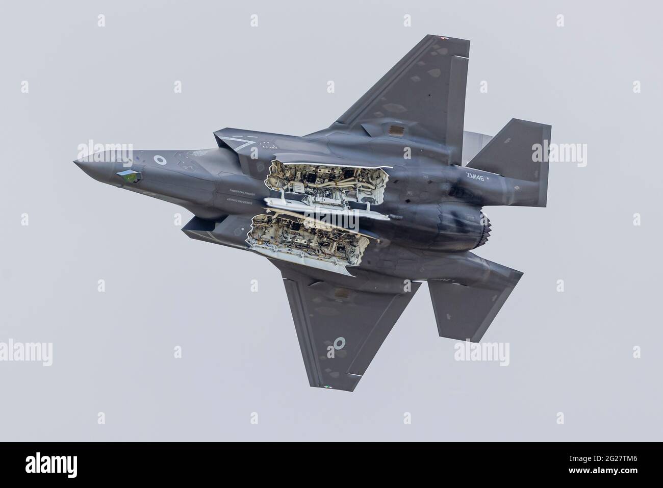 A Royal Air Force F-35B Lightning flies by with weapons bays open Stock ...