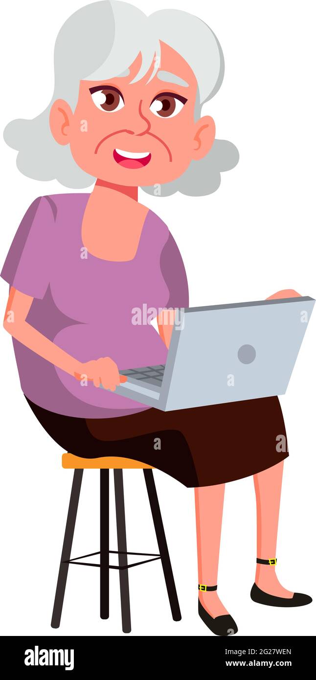 old lady working on laptop in office cartoon vector Stock Vector Image ...