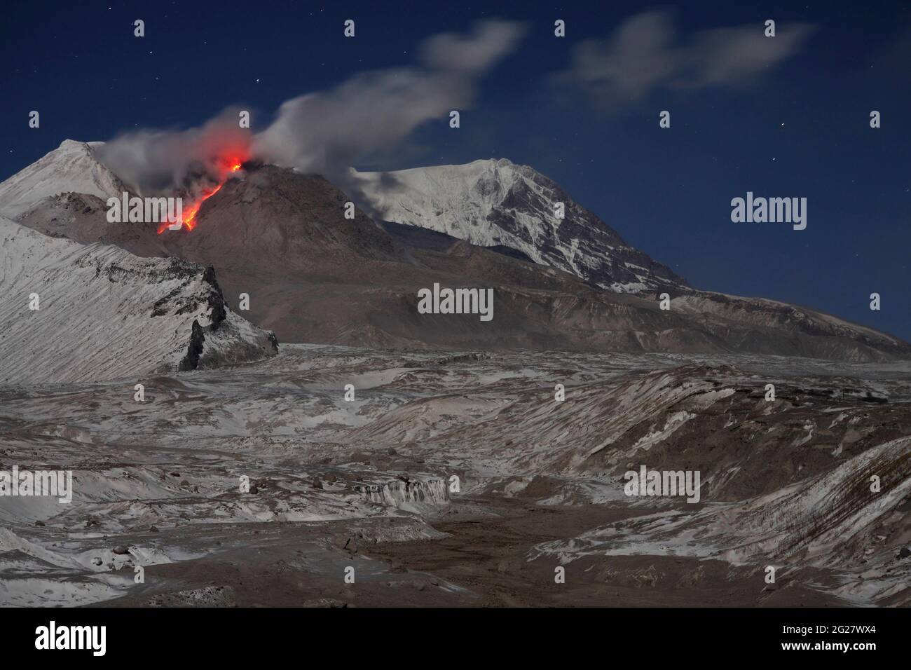 Incandescent rockfall of glowing lava down flank of Shiveluch Volcano ...
