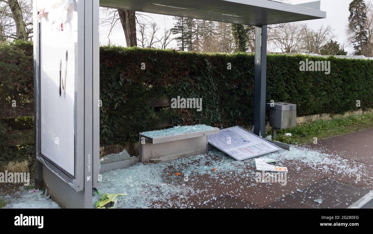 Bordeaux , Aquitaine France - 02 02 2021 : vandalized bus stop with ...