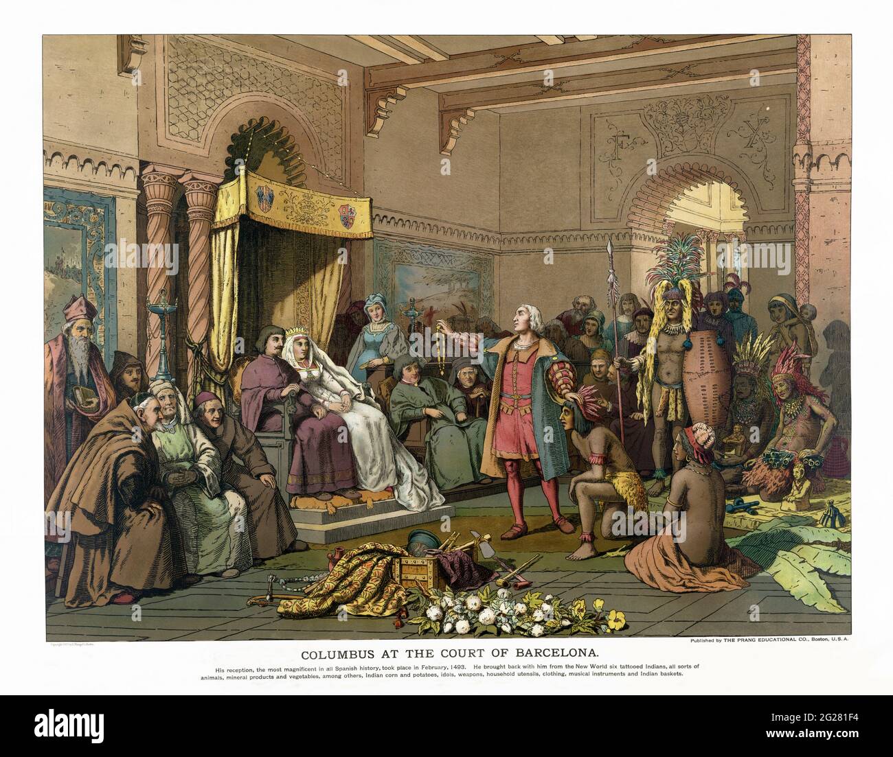 Christopher Columbus standing before the King and Queen of Spain, 1493 ...