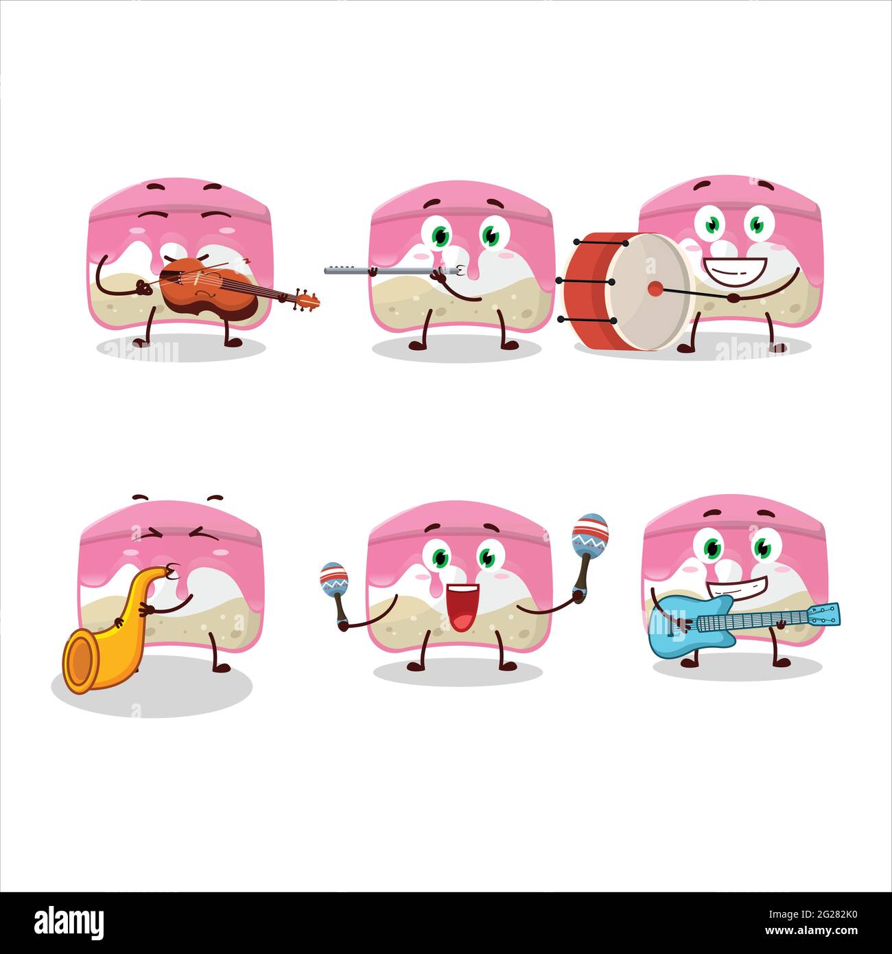 Cartoon character of strawberry cake playing some musical instruments ...