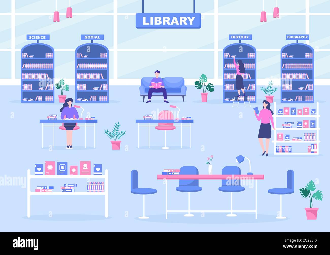 Library and Bookstore Contain Books On Shelf With Several People ...