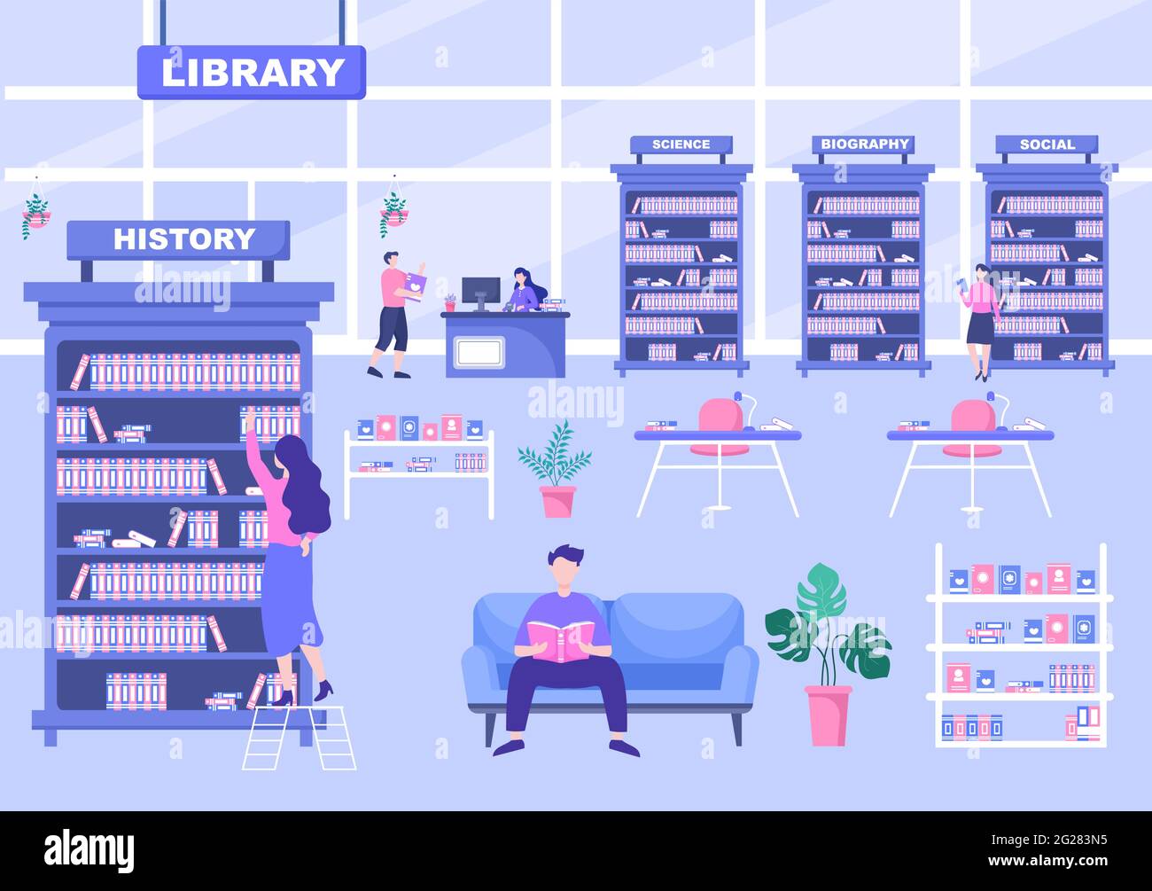 Library Contain Books On Shelf With Several People Reading, Standing ...