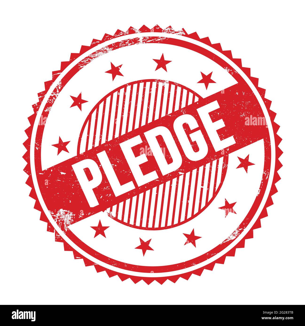 PLEDGE text written on red grungy zig zag borders round stamp Stock ...