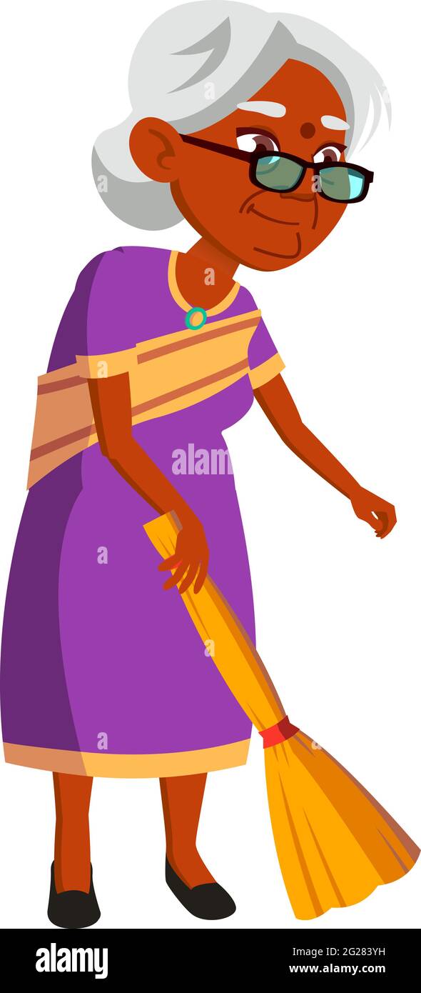 indian lady senior sweeping floor with broom cartoon vector Stock ...