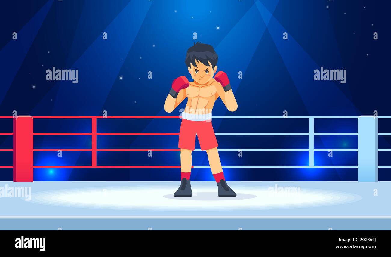 The boy champion boxer enjoys his victory in the ring and raises his ...